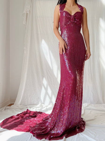 Vintage Ruby Silk Sequins Gown - L/US 12 | G O S S A M E R